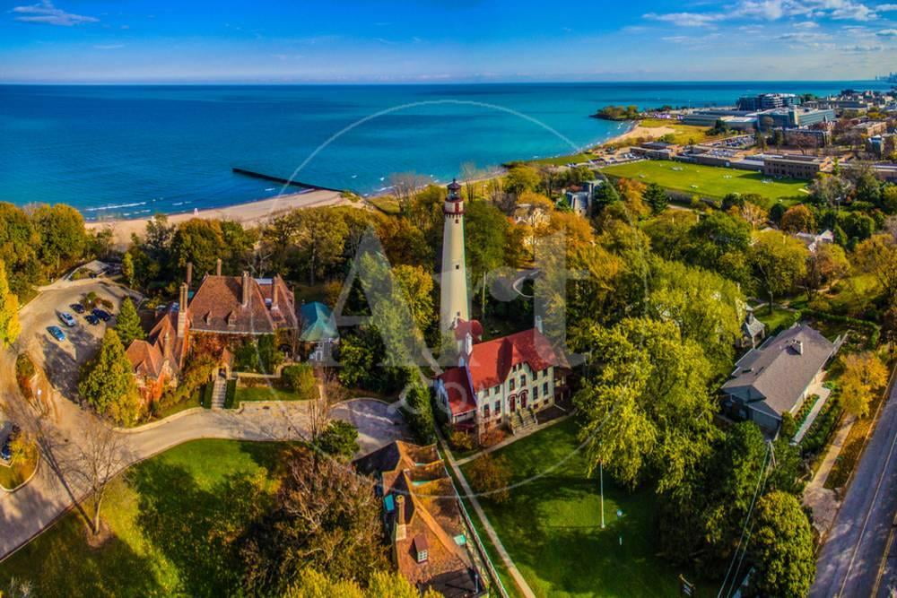 Elevated view of Grosse Point Lighthouse in Evanston, Cook County ...