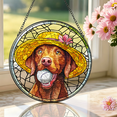 Brown dog yellow straw hat pink flower Stained Glass Design. Best ...