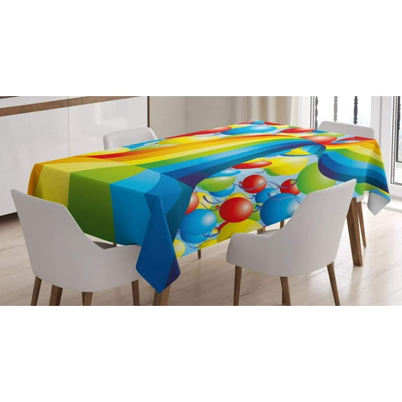 Birthday Tablecloth, Many Vibrant Balloons Wavy Rainbow Ribbons ...