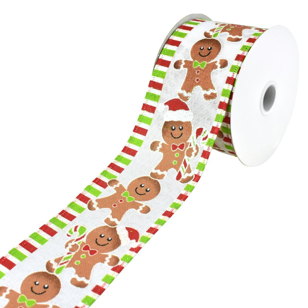 Christmas Gingerbread Man Striped Edge Wired Ribbon, 2-1/2-Inch, 10 ...