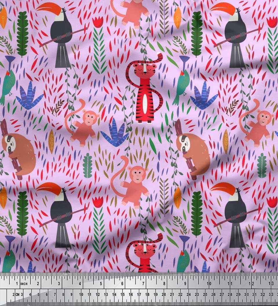 Soimoi Satin Silk Fabric Leaves & Cute Animals Cartoon Print Sewing ...