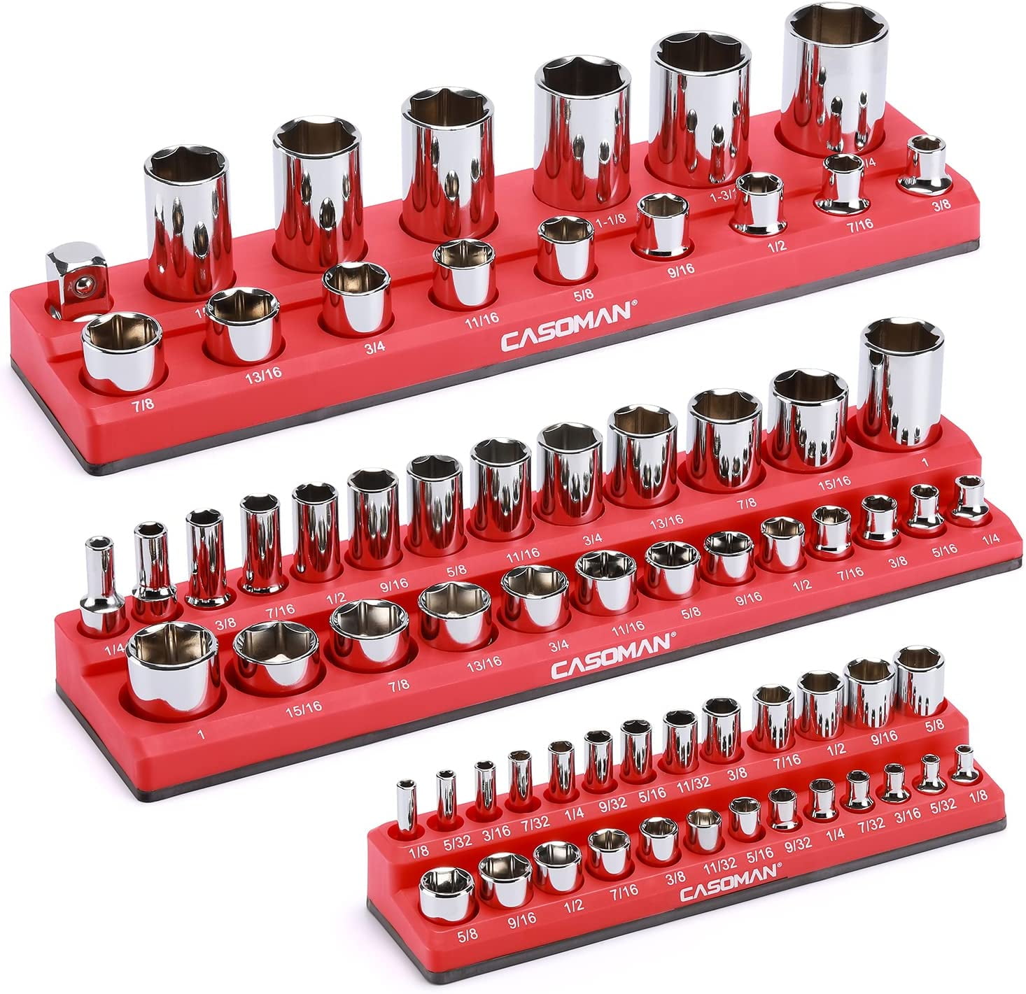 CASOMAN Magnetic Socket Organizer Set, 3PCS, Red, Holds 68 SAE Sockets ...