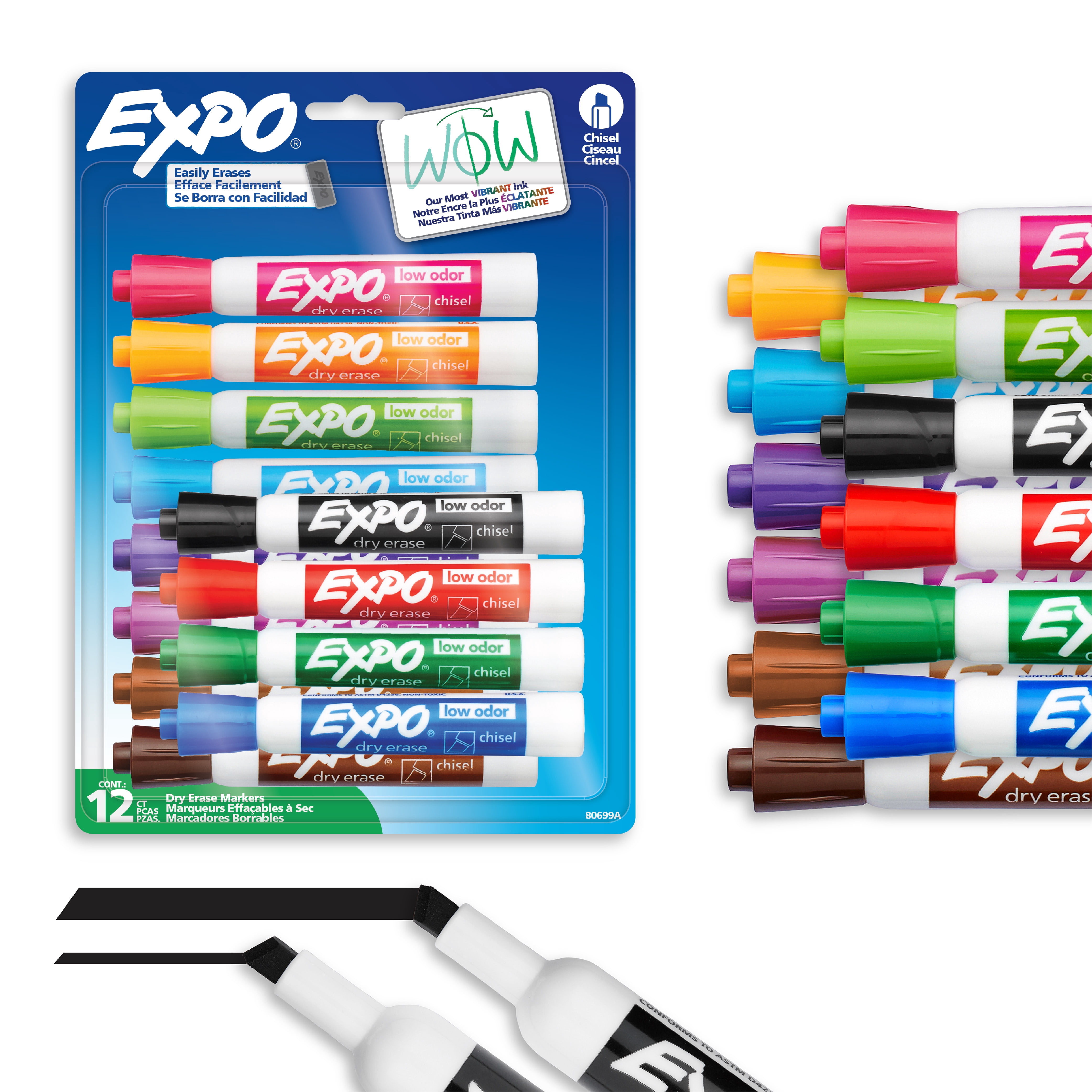 EXPO Dry Erase Markers, Low Odour Ink, Assorted Colours, Chisel Tip, 12 ...