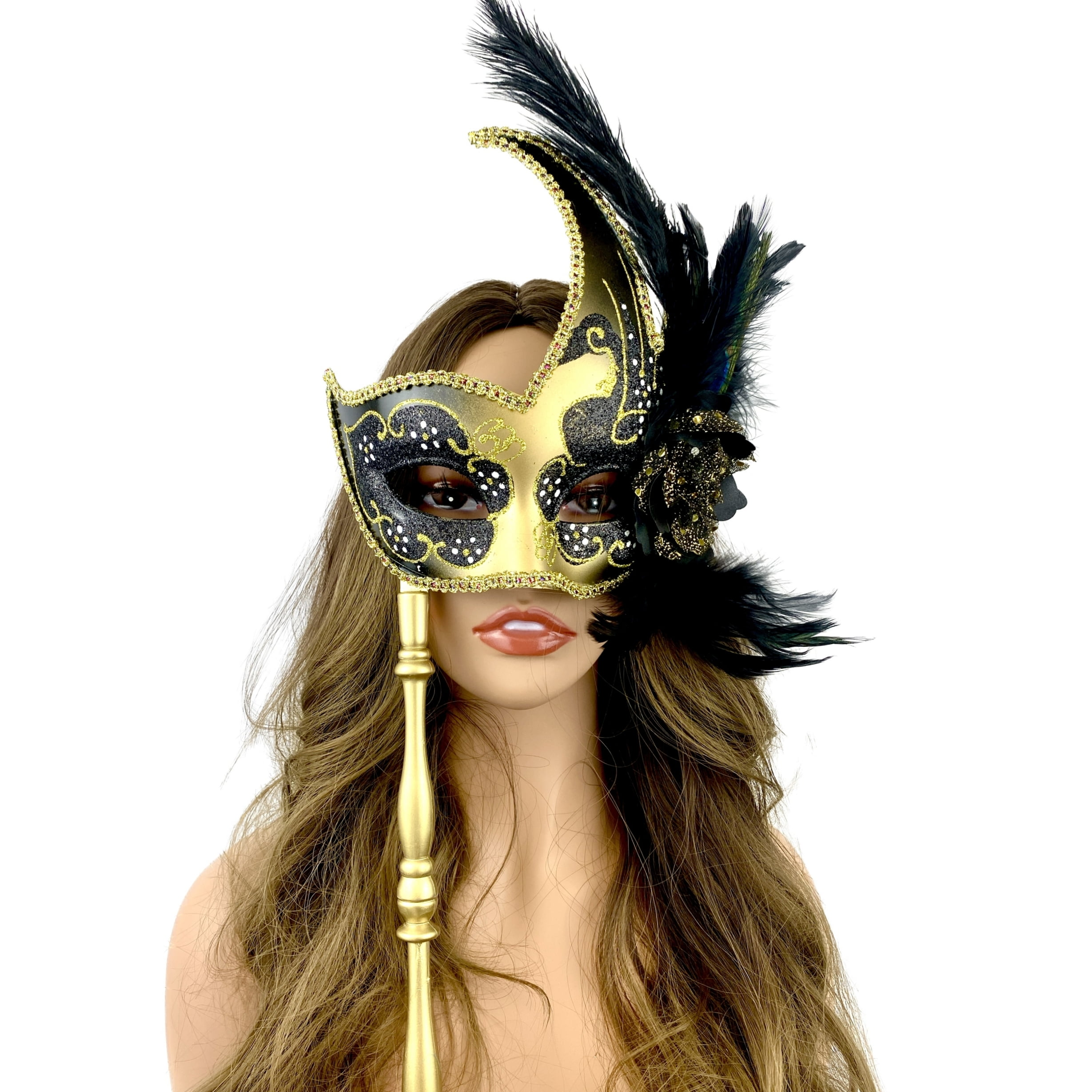 Women Lady Girls Costume Holding Stick Venetian Feather mask Masquerade ...