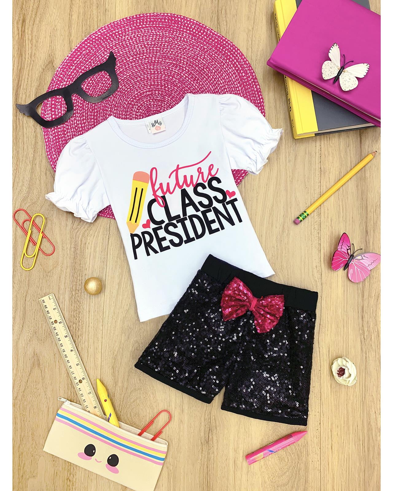 Girls "Future Class President" Top & Sequin Bow Shorts Set, Black, Size ...