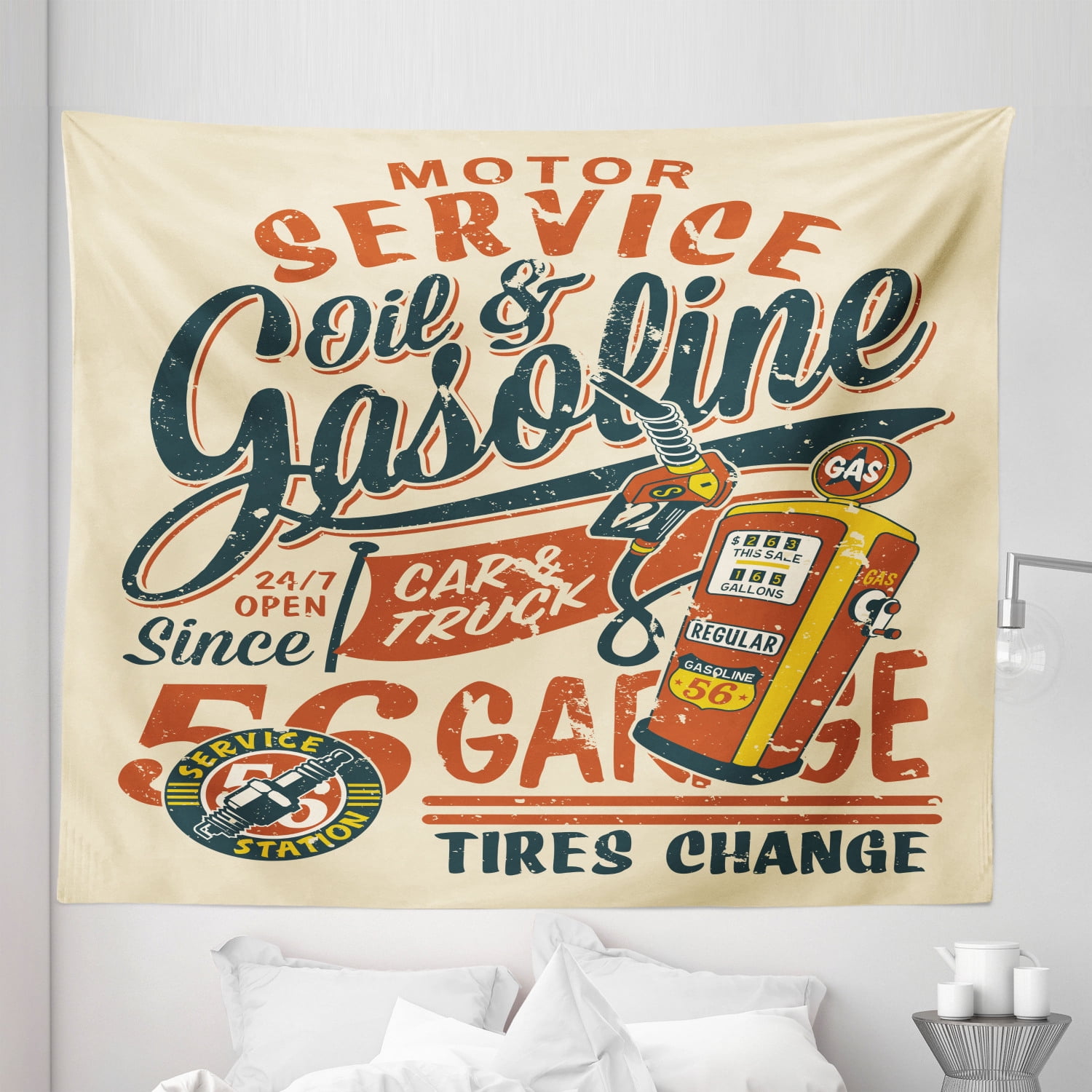 Vintage Trucks Tapestry, Grunge Style Poster Design Gasoline Station ...