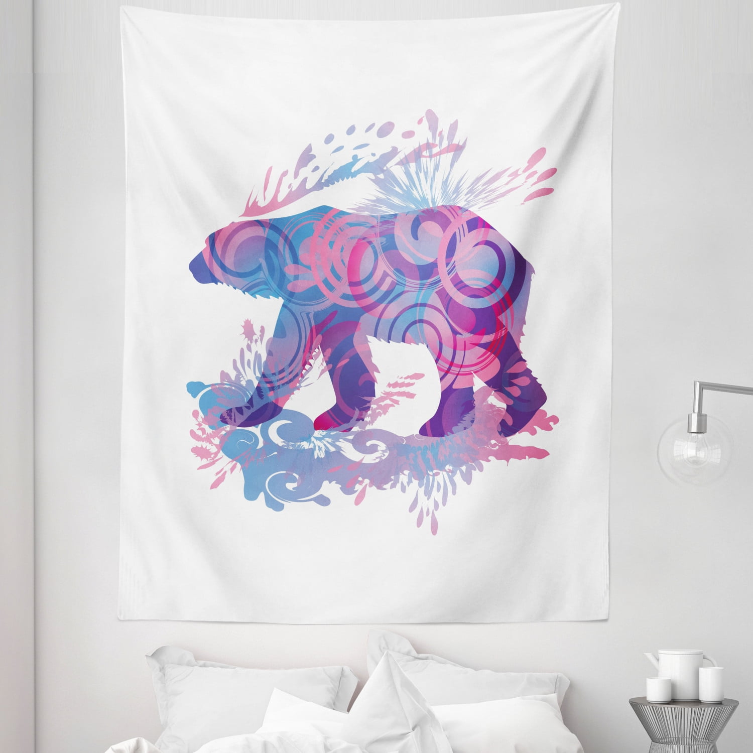 Bear Tapestry, Abstract Silhouette with Swirls Color Splashes Fantasy ...