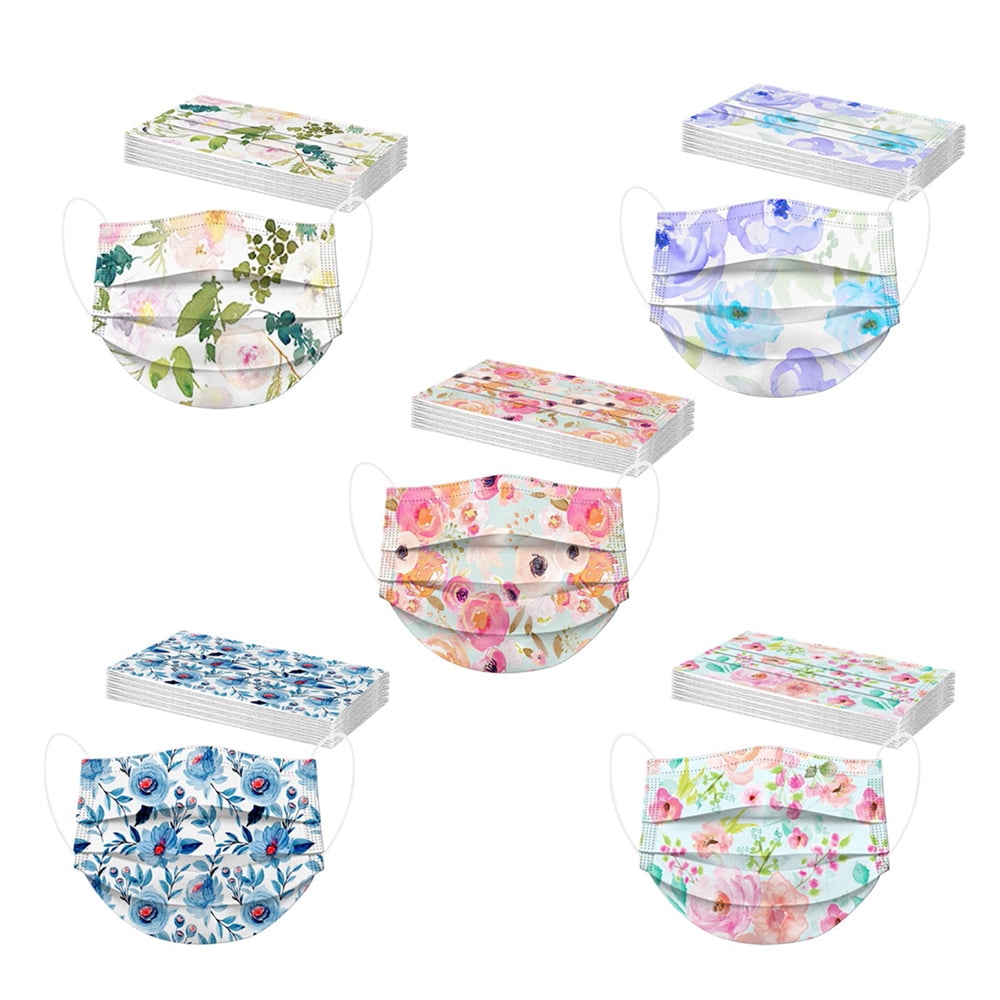 50PC Flower Printed Face Mask for Women 3-Ply Disposable masks Colors ...