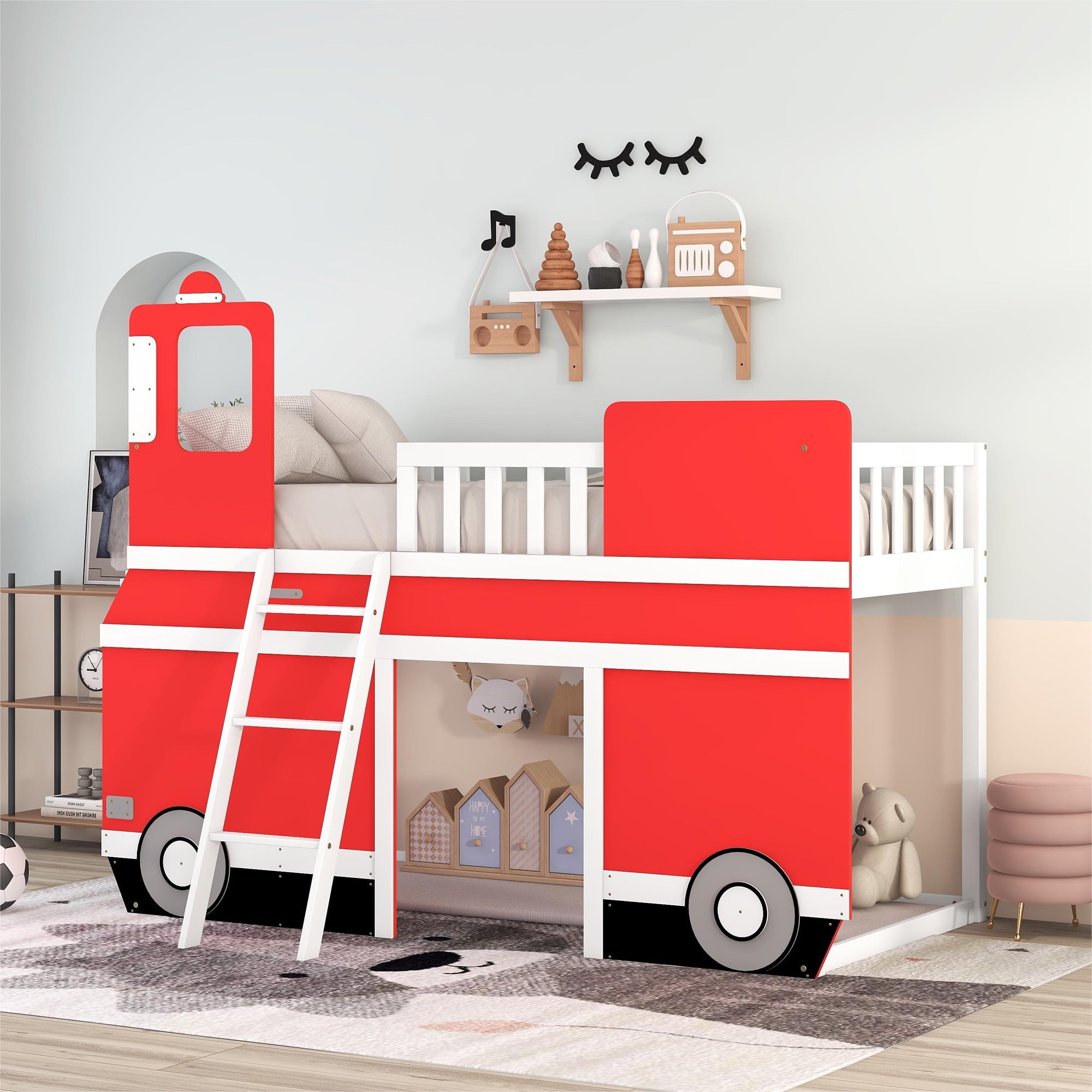 Livspace Twin Size Bus Shaped Loft Bed with Underbed Storage Space,Red ...