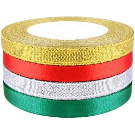 KUUQA 4 Pcs 10mm Red Green Satin Ribbon Silver Gold Glitter Organza ...