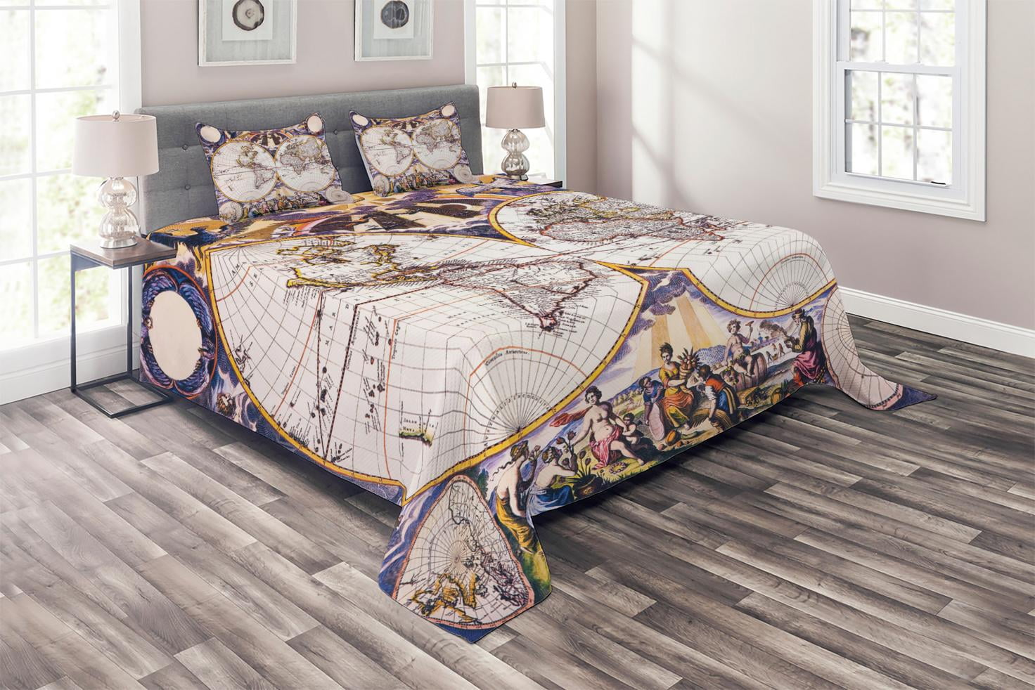 Ambesonne World Map Quilted Coverlet 3 Pcs, Sun Sky Birds Clouds, King ...
