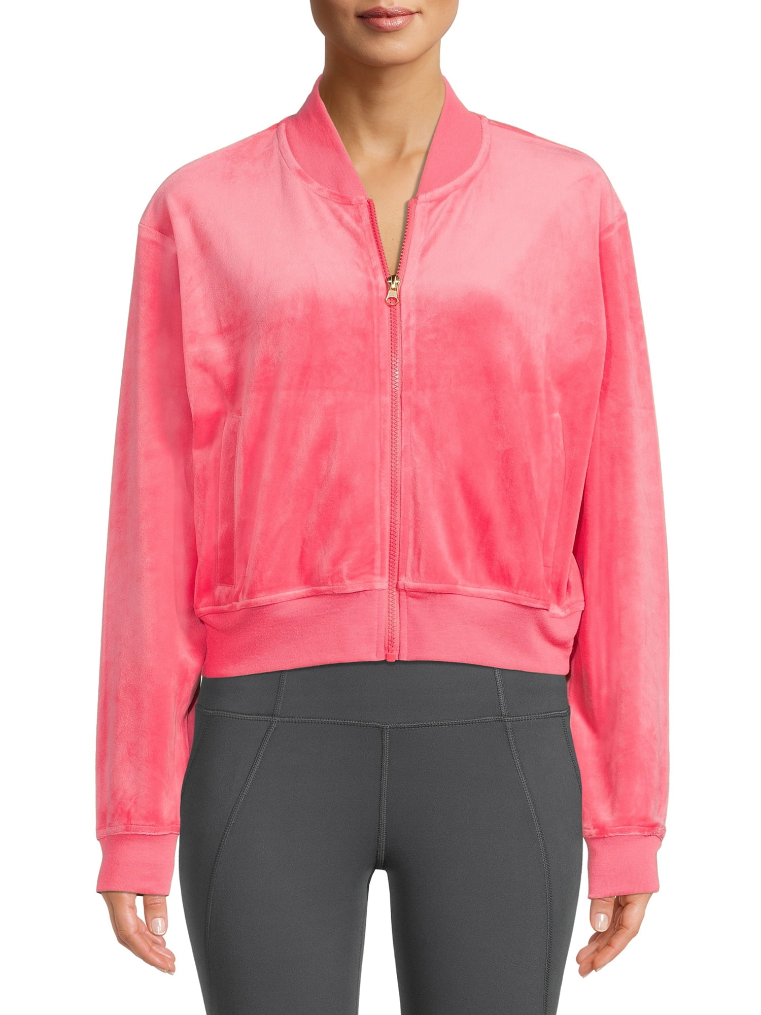 Avia Women's Velour Cropped Zip Bomber Jacket - Walmart.com