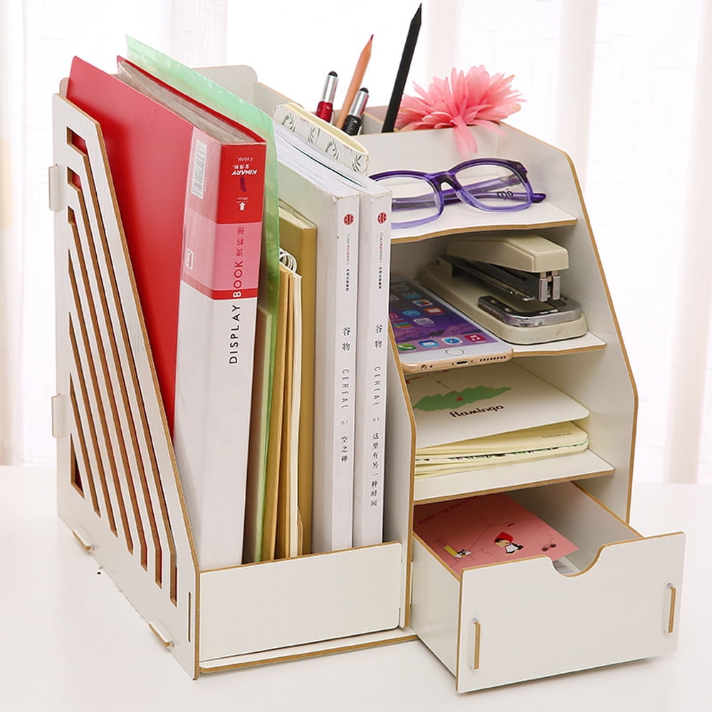 Desktop Organizer Office Storage Rack with Pen Holder Adjustable Wood ...