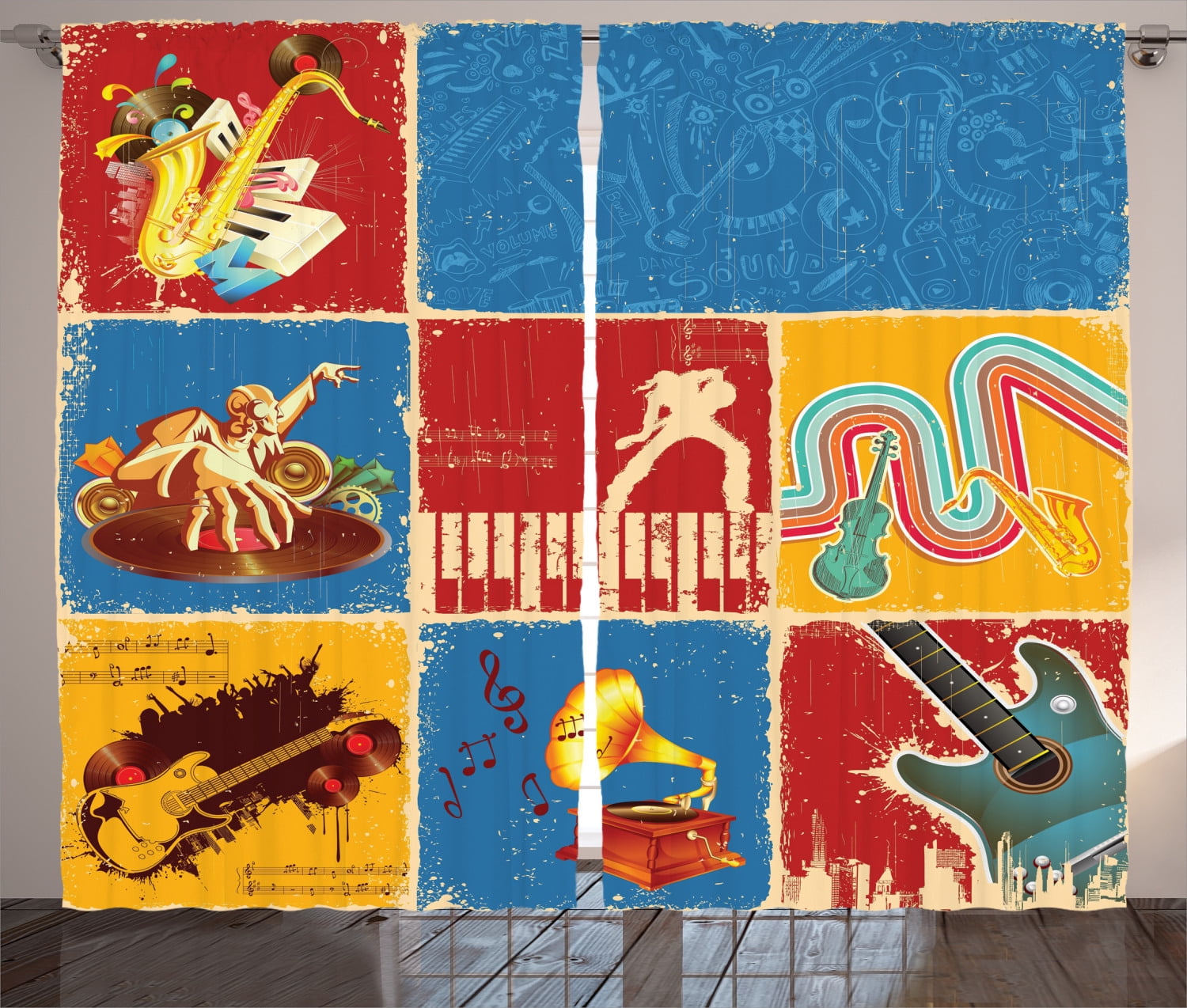Curtains 2 Panels Set, Retro Collage Illustration of Different Music ...