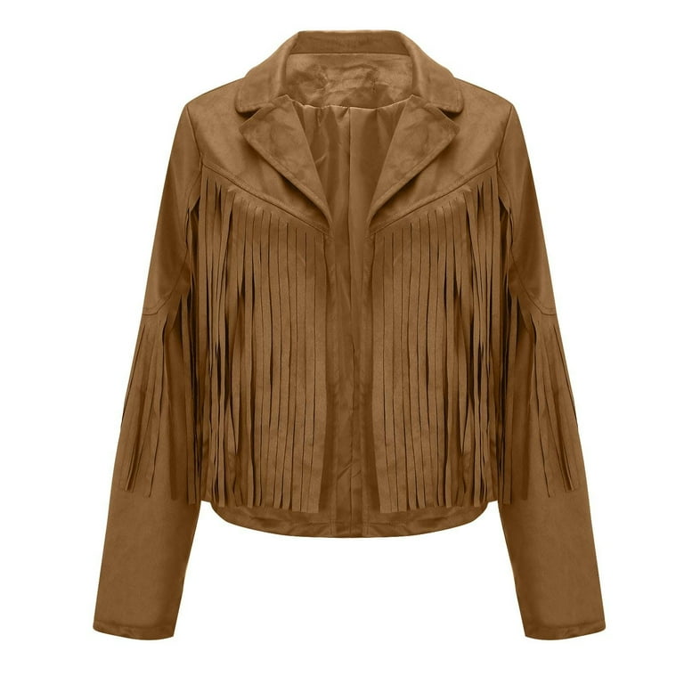 Women Vintage Faux Suede Tassel Cropped Jacket Long Sleeve Women Vintage Faux Suede Tassel Cropped Jacket Long Sleeve