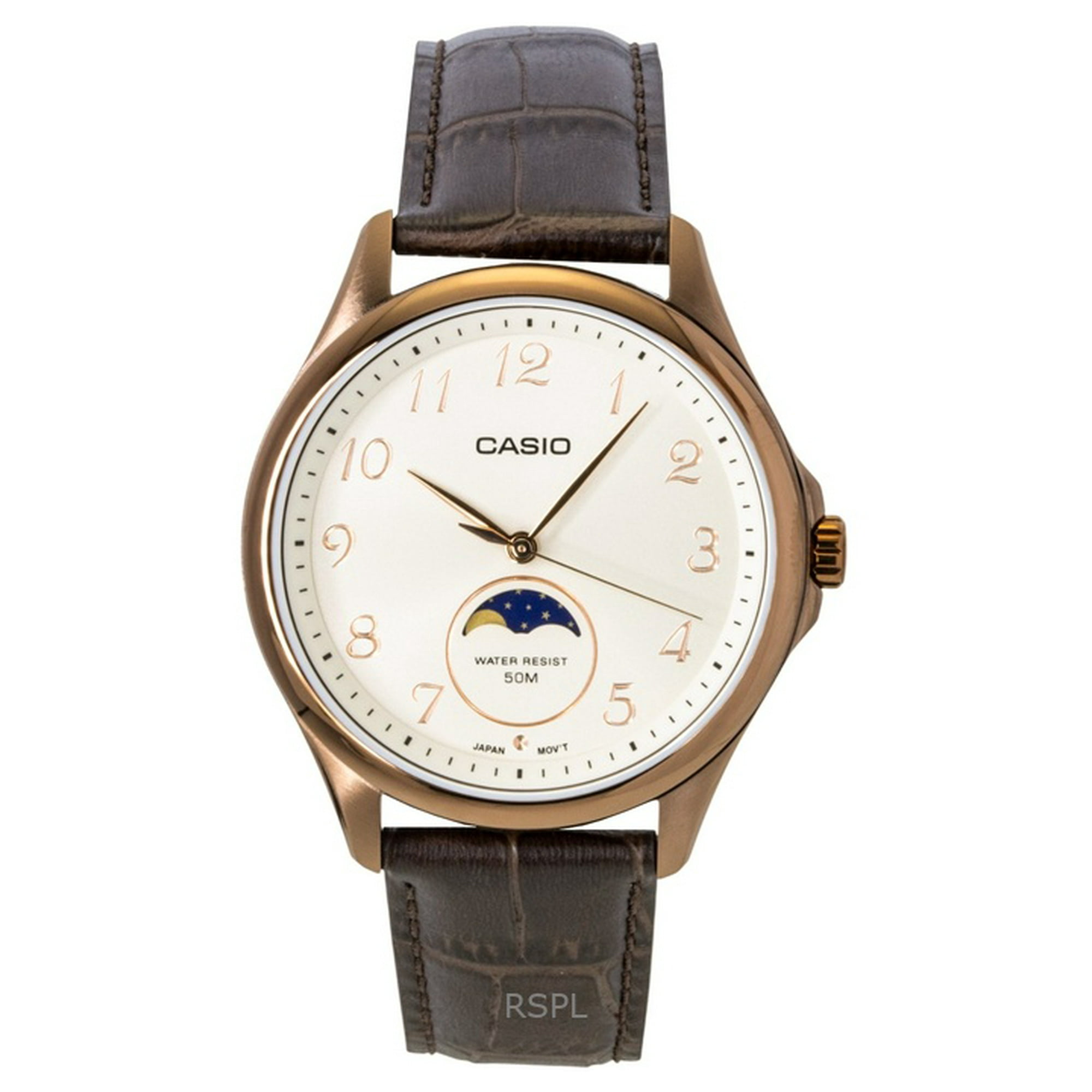 Casio Standard Analog Moon Phase Leather Strap Ivory Dial Quartz Mtp-M110rl-5av Mens Watch