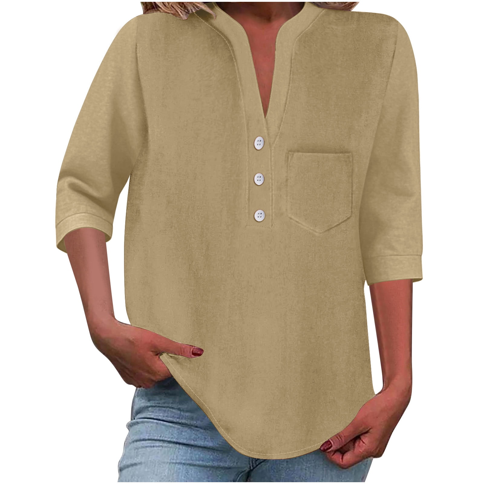 Click here for Lenpel Womens 3/4 Sleeve Tops V Neck Half Button S... prices