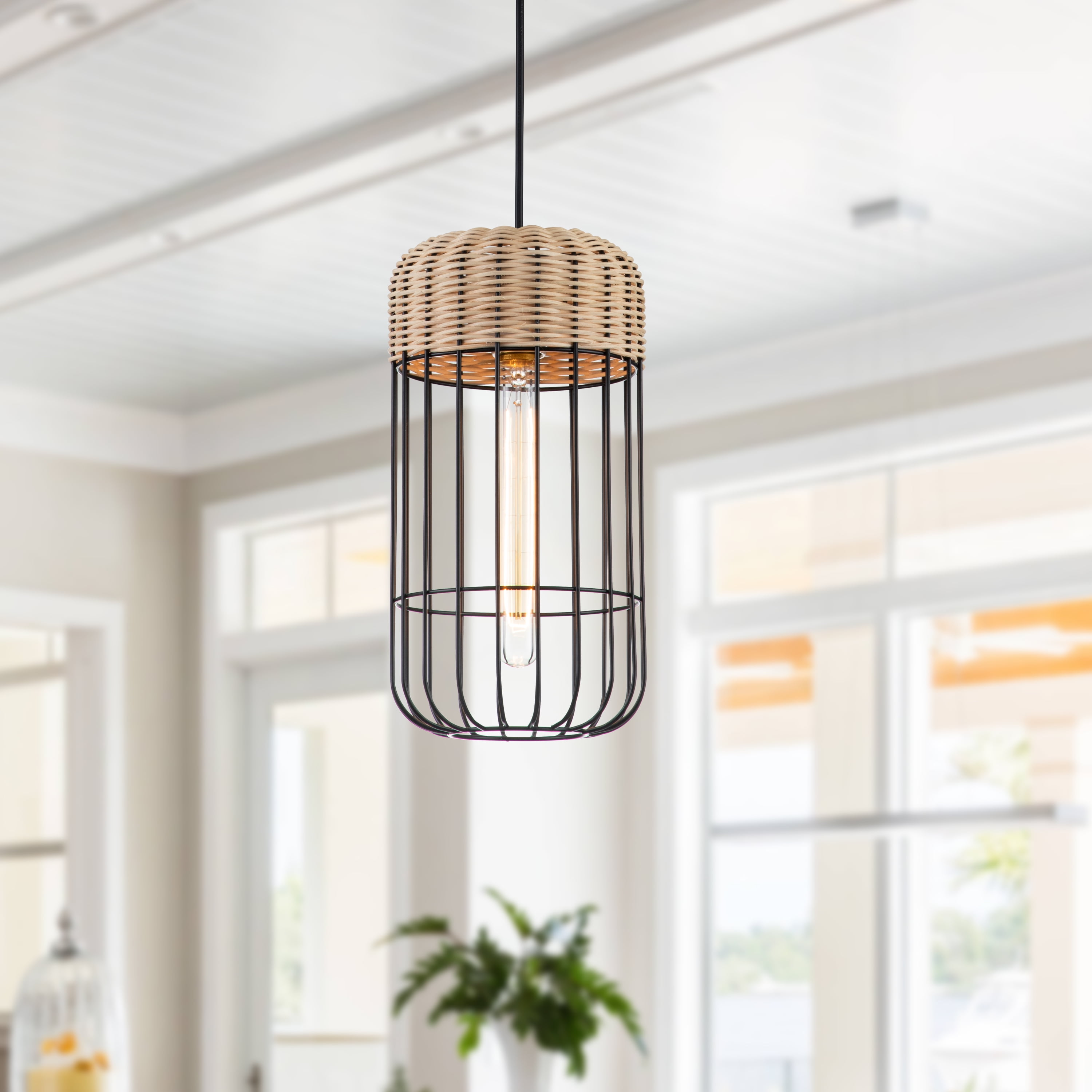 C Cattleya Rattan Cylinder Pendant Light Woven Hanging Light Fixture ...