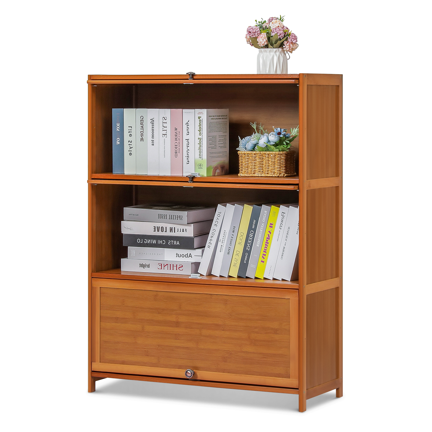 Magshion Bamboo 3 Shelves Bookshelf Push-in Invisible Door, Modern ...