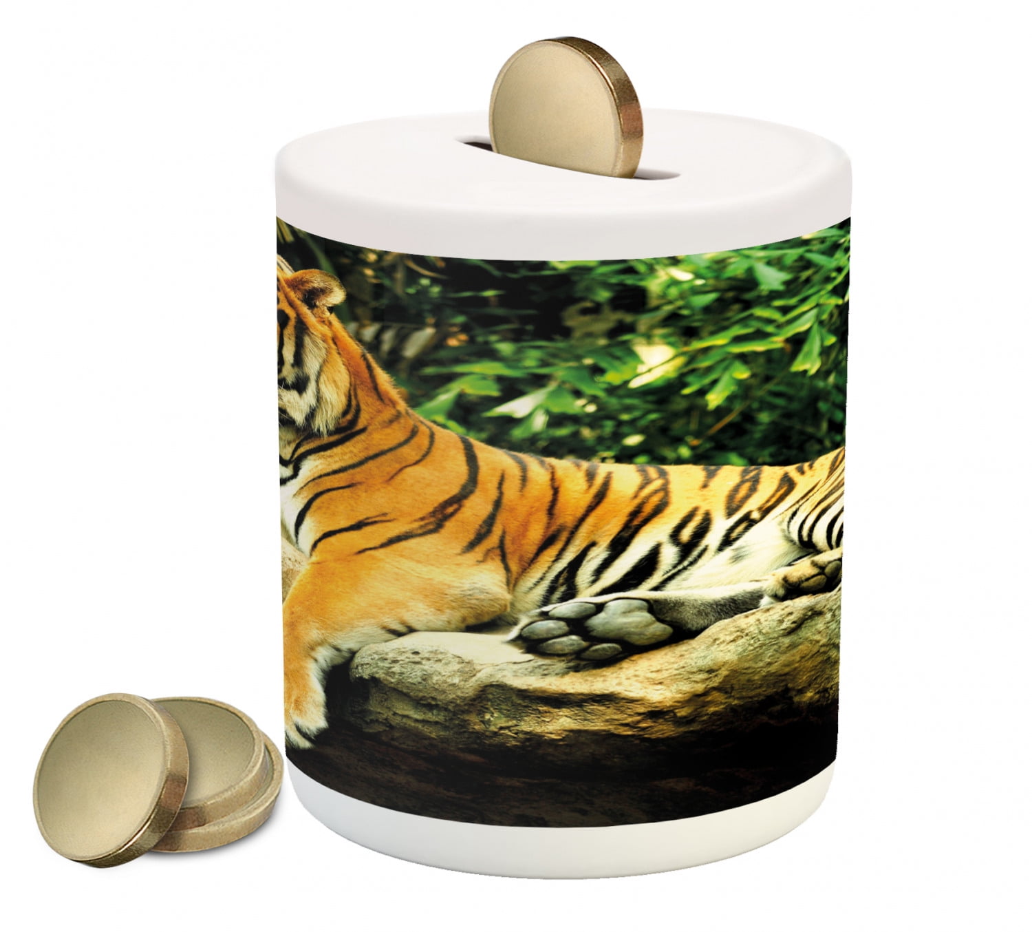 Tiger Piggy Bank, Resting Feline in the Forest on a Large Rock Sublime ...