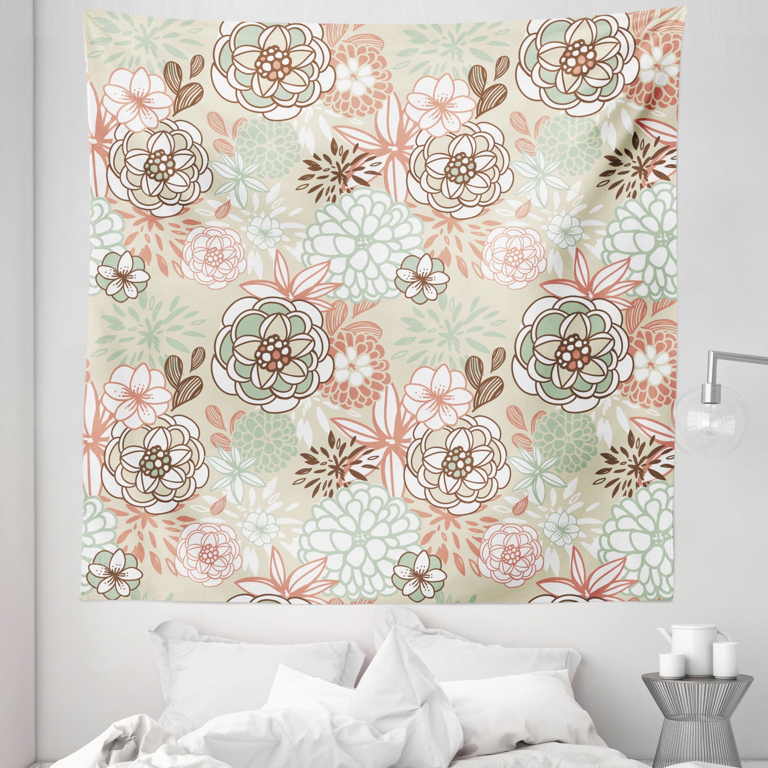 Floral Tapestry, Vintage Romantic Wildflowers in Various Kinds Doodle ...