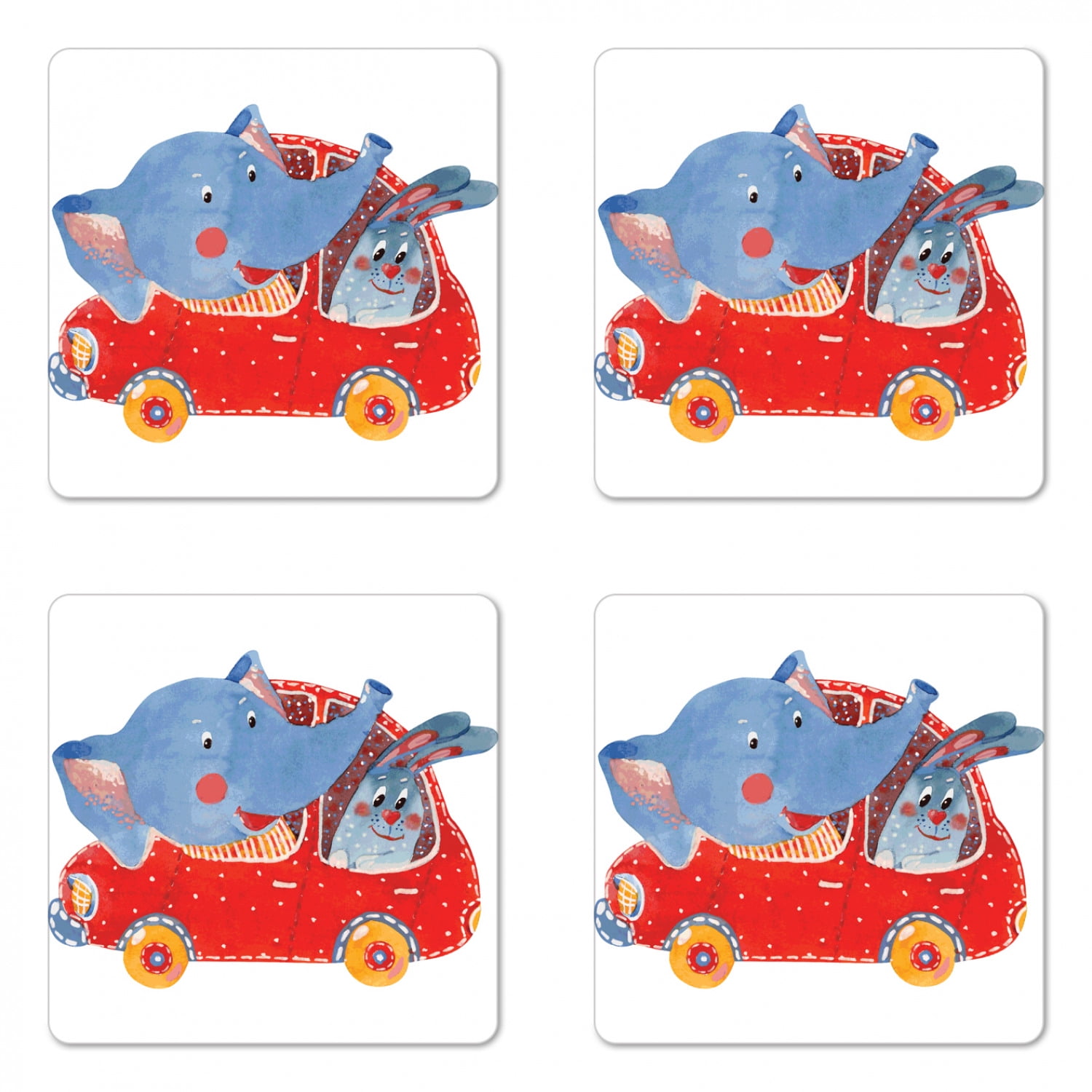 Cartoon Coaster Set of 4, Watercolor Sketch of Young Blushed Elephant ...