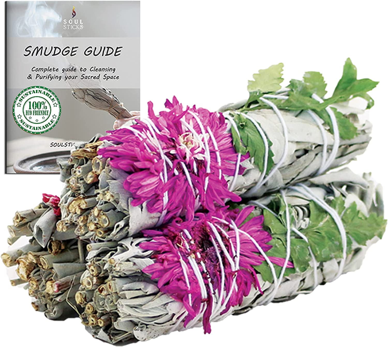 Soul Sticks 3 Pack Floral White Sage Smudge Sticks with Smudging Guide ...