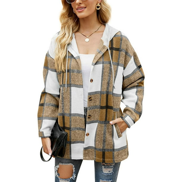 MOSHU Flannel Shirts for Women Button Down Plaid Shirt Hooded Shacket ...