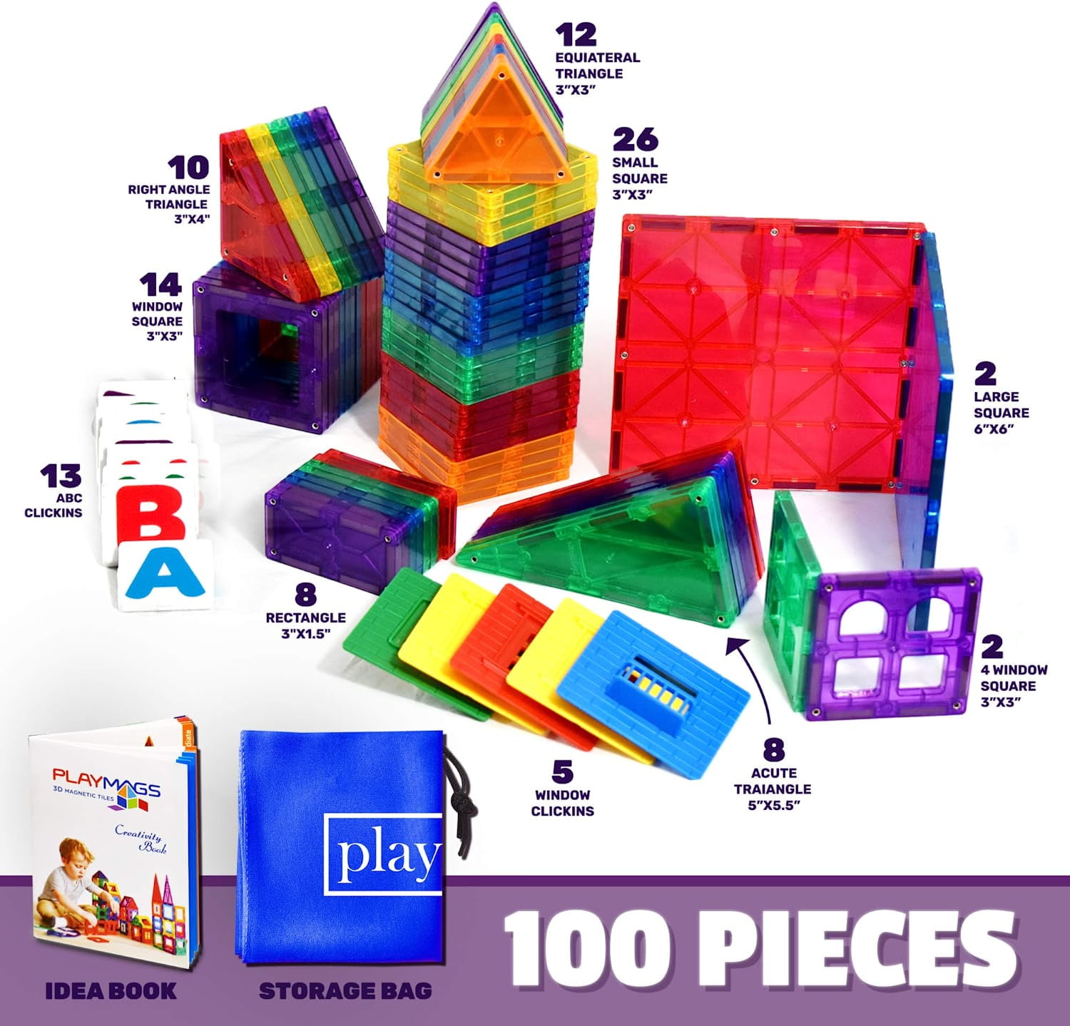 Buy Playmags 100-Piece Magnetic Tiles Building Blocks Set, 3D Magnet Tiles for Kids Boys Girls ...