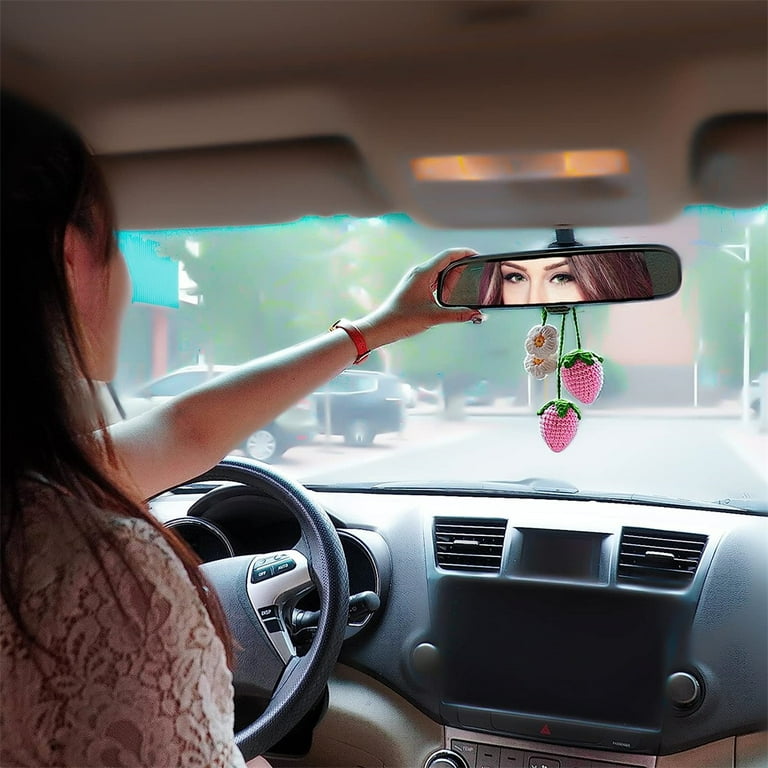 NOGIS Rear View Mirror Dangle Pendant Cute Crochet Strawberry Plant Hanger Decor Car Mirror Hanging Accessories Interior Aesthetic for Your Car Women