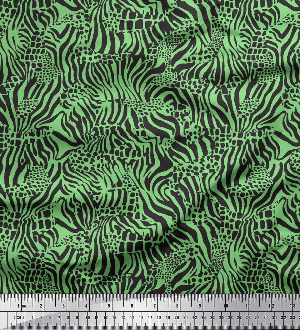 Soimoi Green Japan Crepe Satin Fabric Leopard & Wild Animal Skin Fabric ...