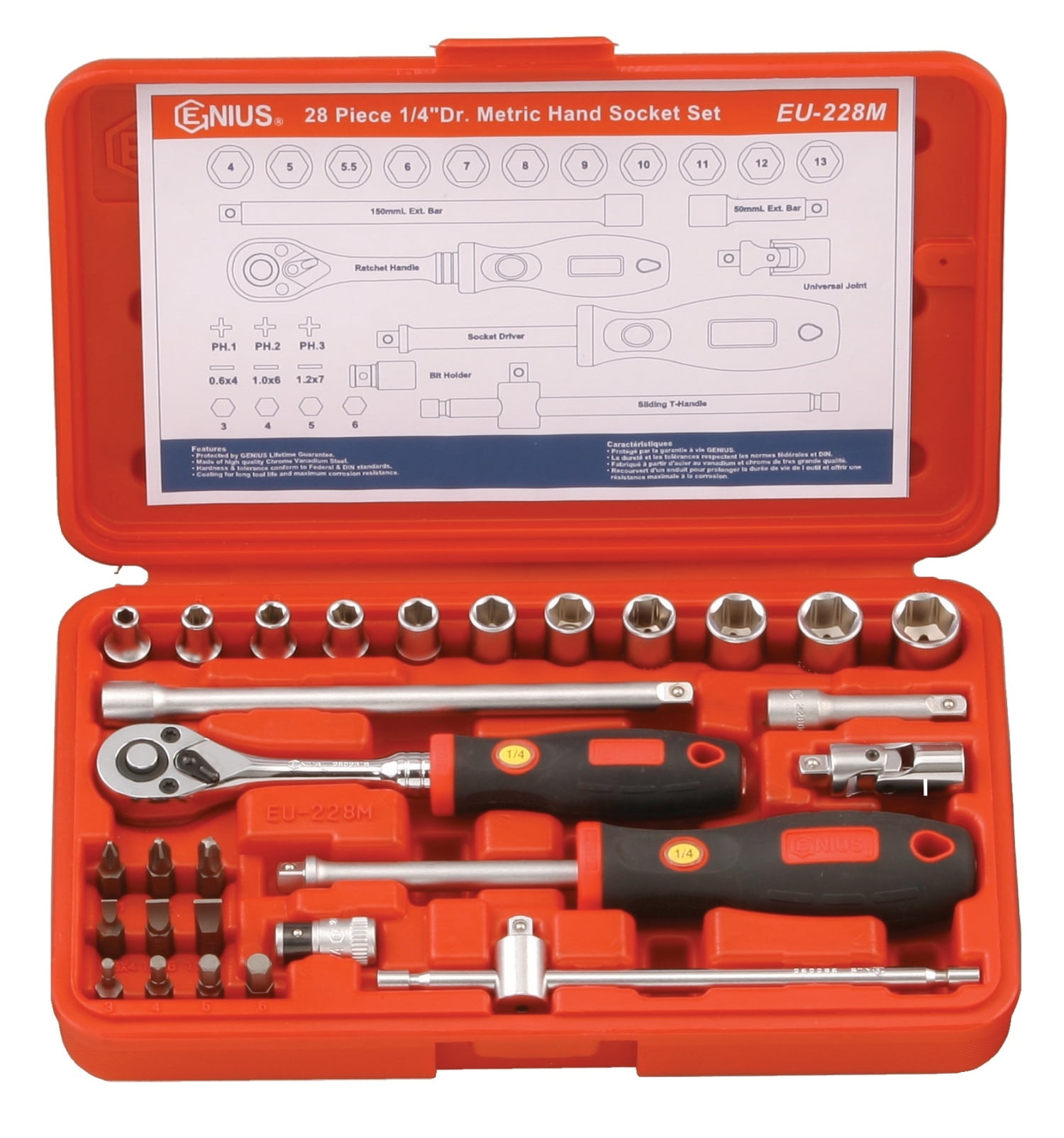 Genius Tools 28 Piece 1/4" Dr. Metric Hand Socket Set - EU-228M ...