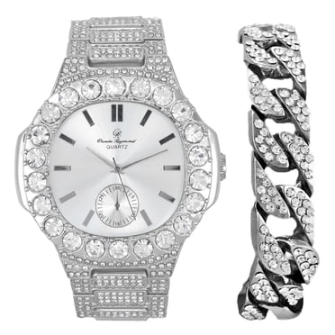 Bling-ed Out Cuban Bracelet with Oblong Silver Iced Look Hip Hop Watch ...