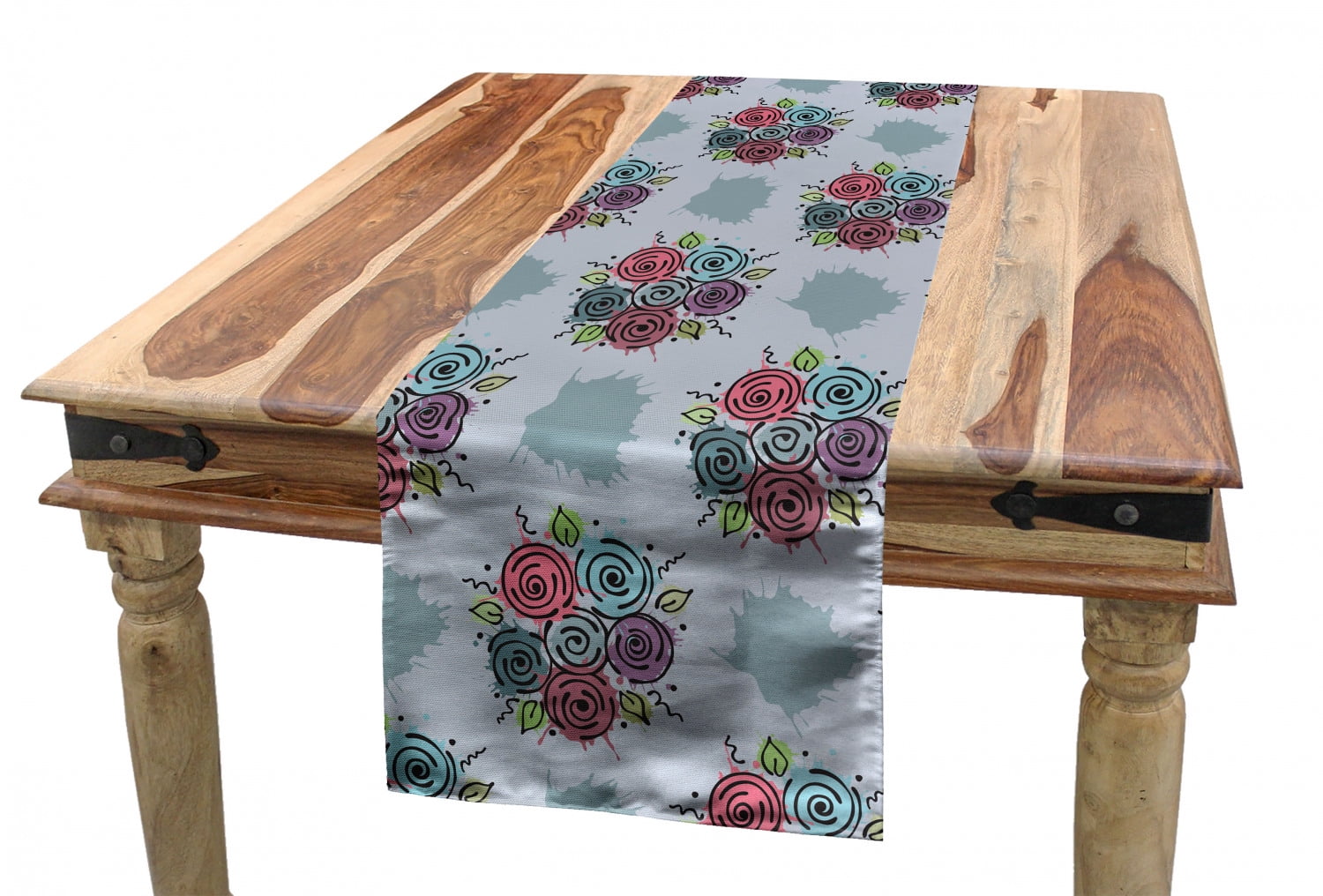 Floral Table Runner, Abstract Bouquet of Flowers with Swirls Leaves on ...