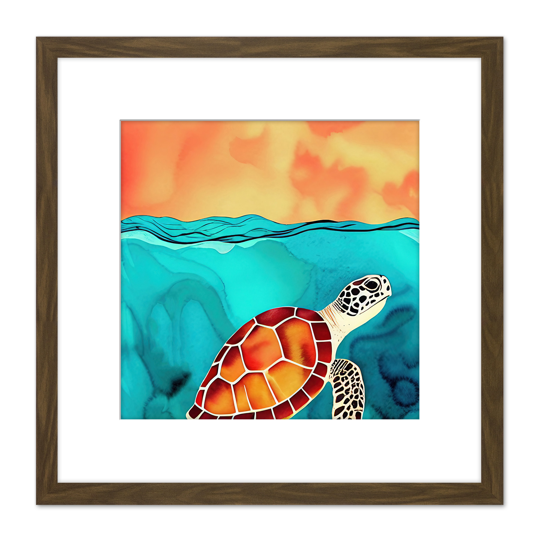 Red Shelled Loggerhead Sea Turtle Illustration Square Wooden Framed ...