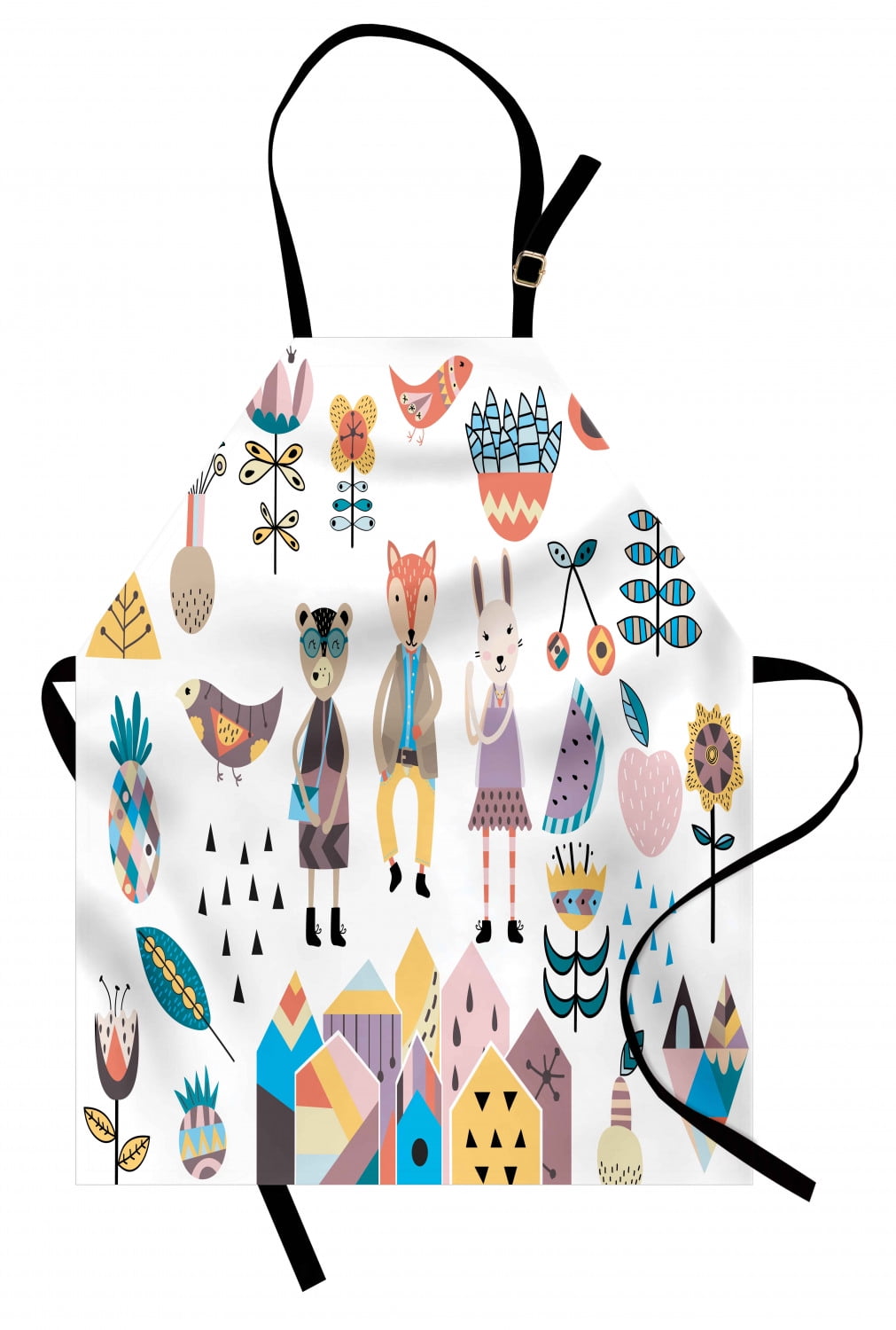 Cartoon Apron Hand Drawn Fox Bunny and Bear with Human Clothing ...