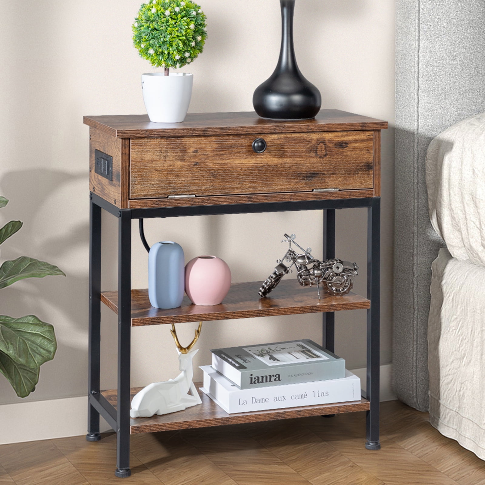 UWR-Nite Nightstand with Charging Station and USB Ports, 3-Tier End ...