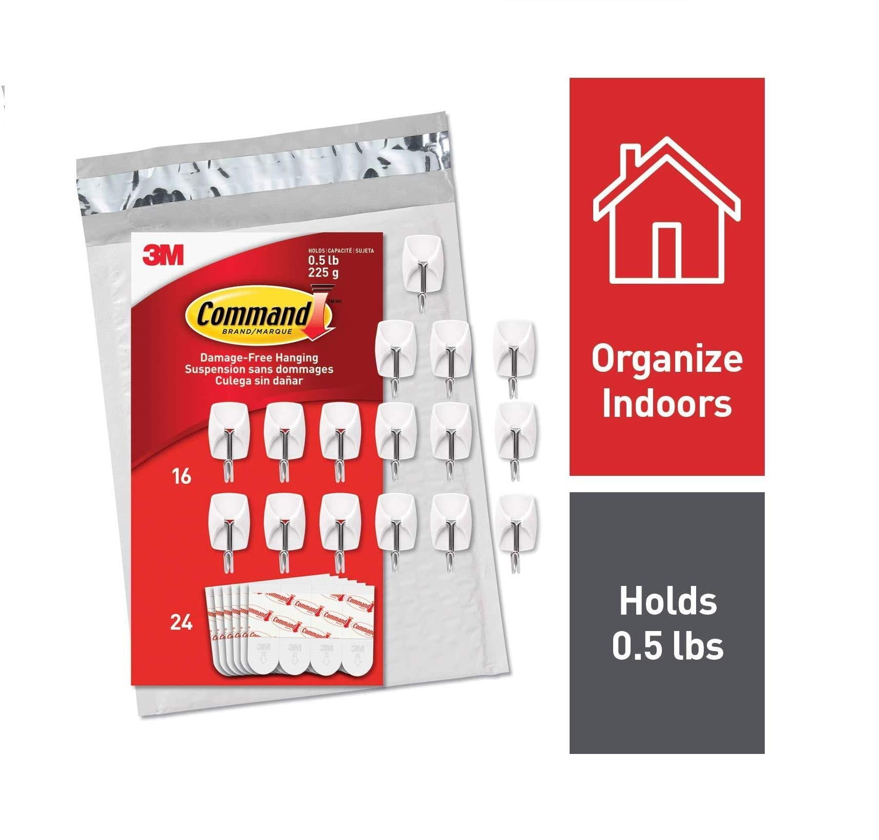 Command Wire Hooks, 16 hooks, 24 strips, White, Small, Easy to Open ...