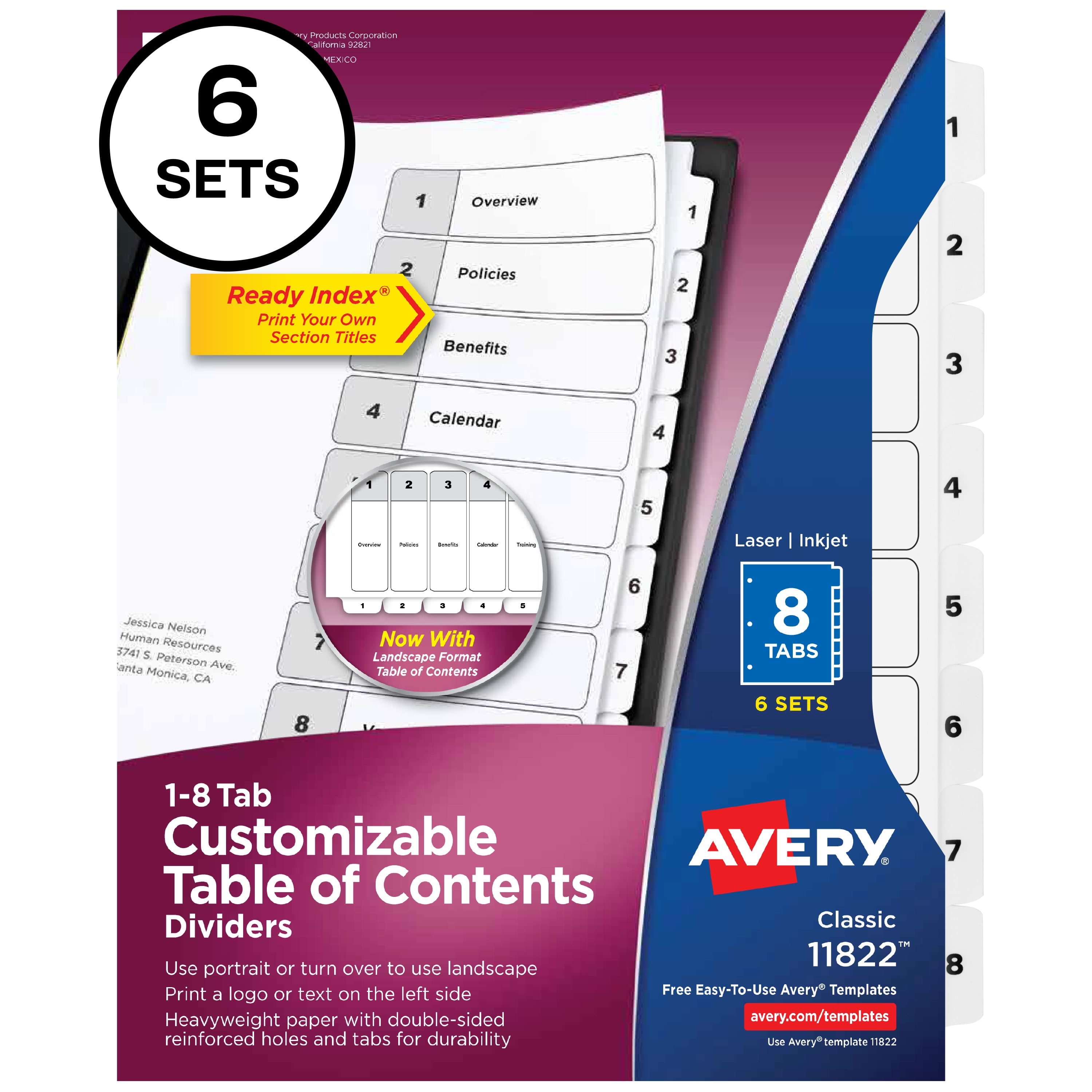 Avery Ready Index 8 Tab Dividers, Customizable TOC, 6 Sets (11822 ...