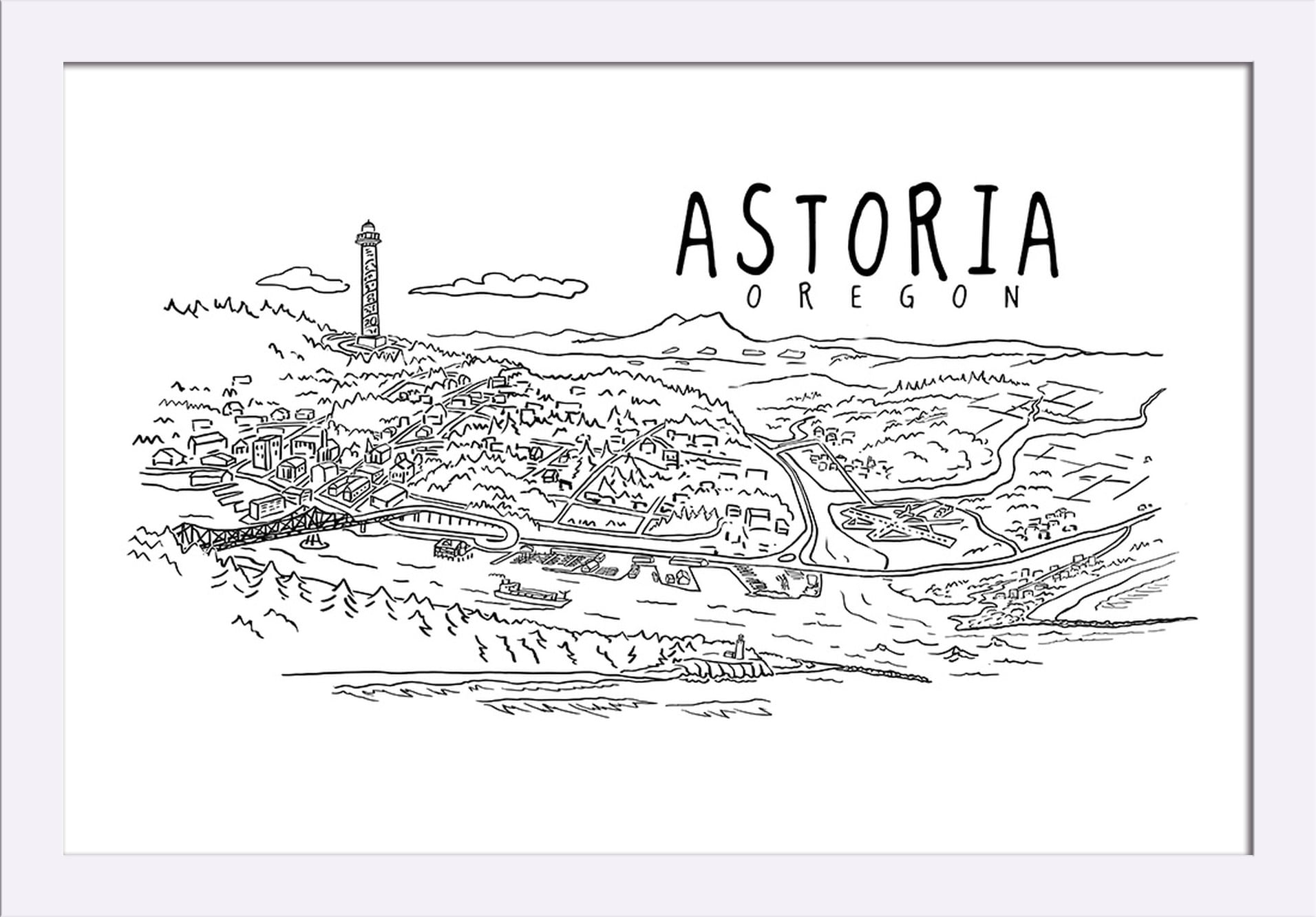 Astoria, Oregon - Line Drawing - Black & White - Lantern Press Artwork ...
