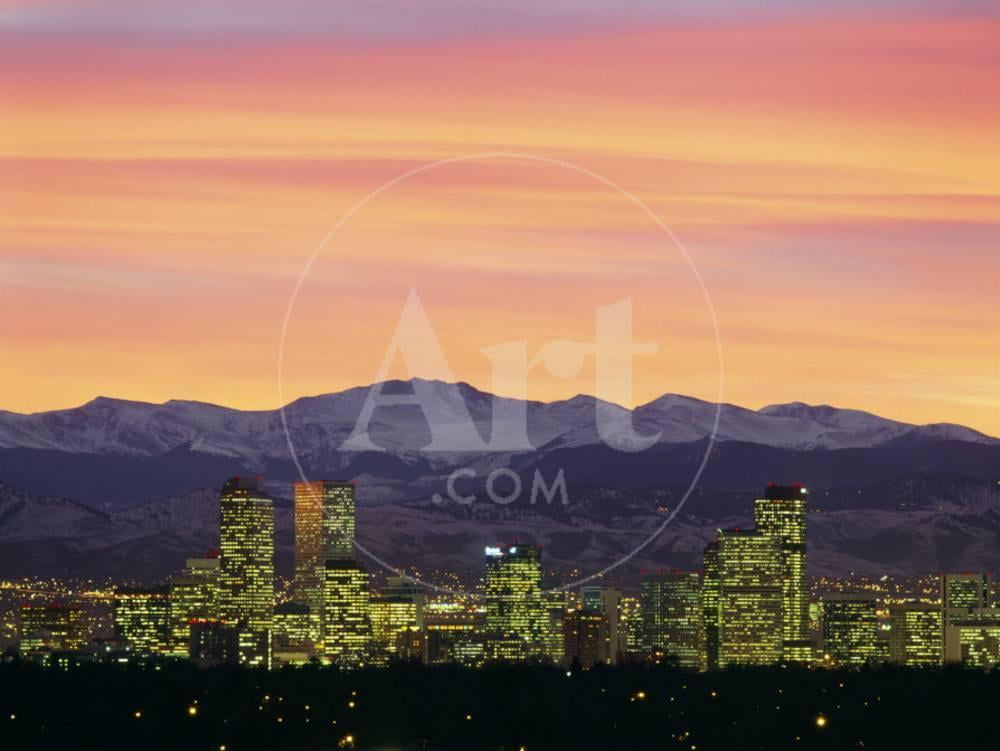 Skyline and Mountains at Dusk, Denver, Colorado, USA, Scenic Unframed ...
