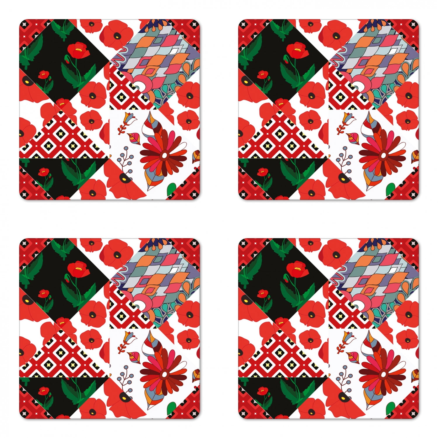 Retro Coaster Set of 4, Patchwork Inspired Pattern with Poppy Flowers ...