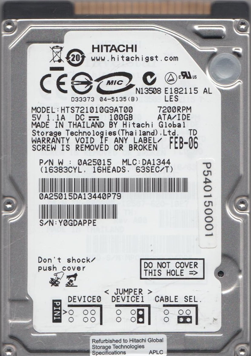 HTS721010G9AT00, PN 0A25015, MLC DA1344, Hitachi 100GB IDE 2.5 Hard ...