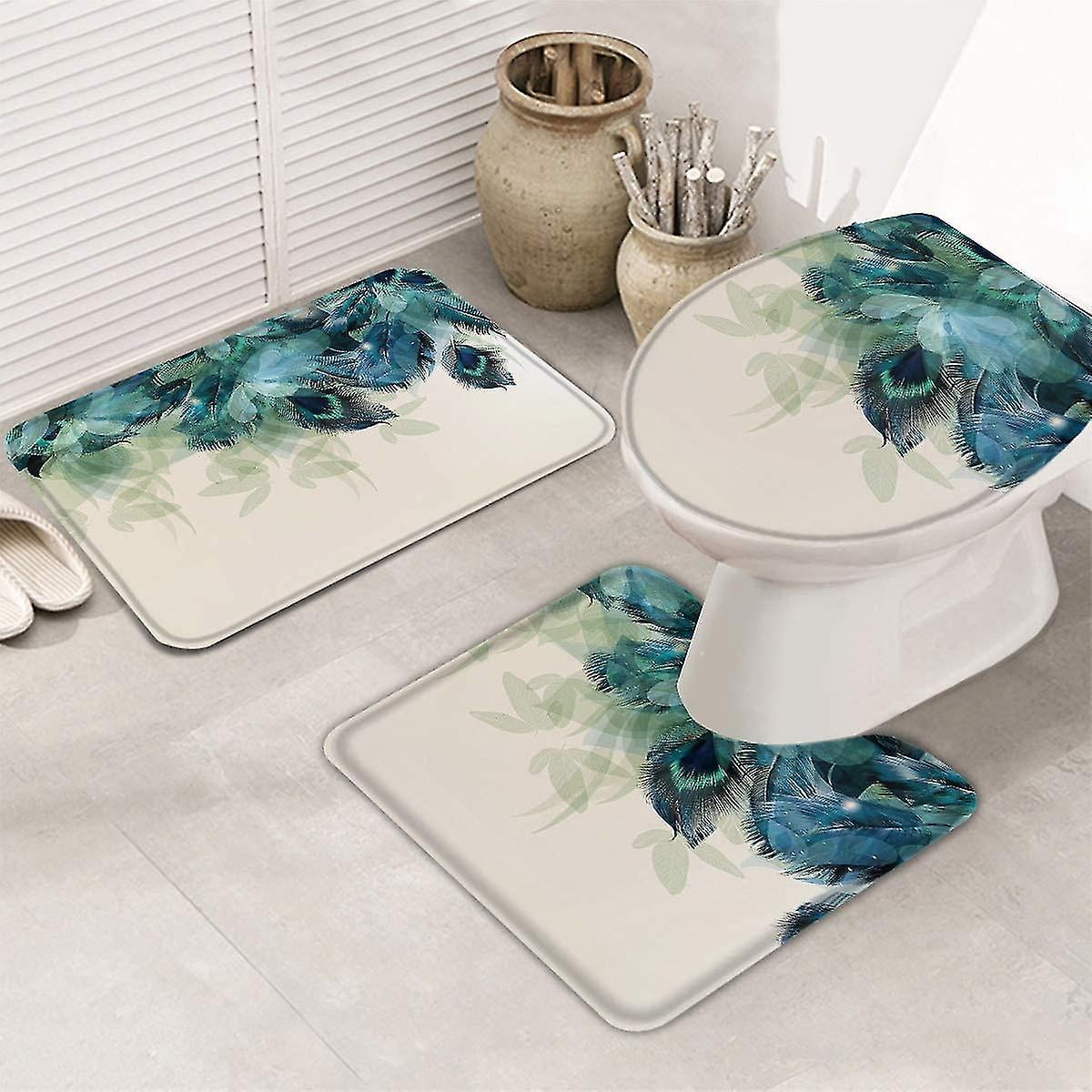 Click here for Geecy 3 Piece Bath Mat Set  Peacock Feather Washab... prices