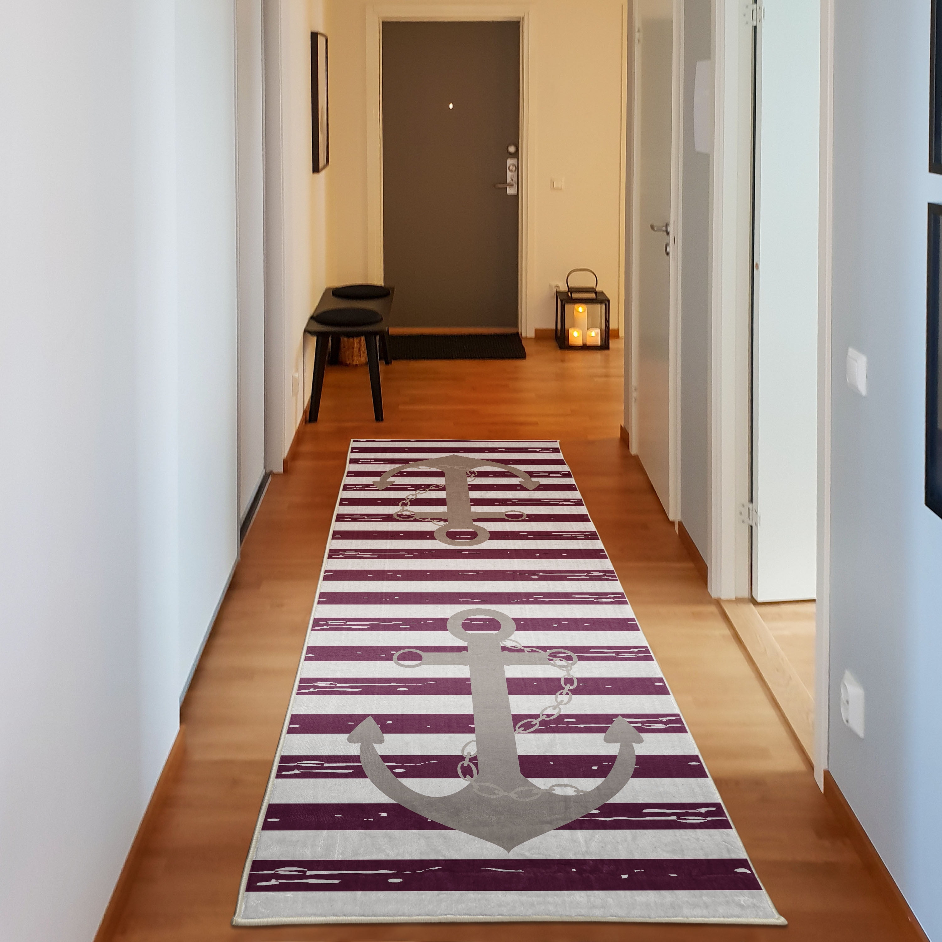 Striped Decorative Rug, Ship Anchor Chain Marine Life Inspired Lines ...