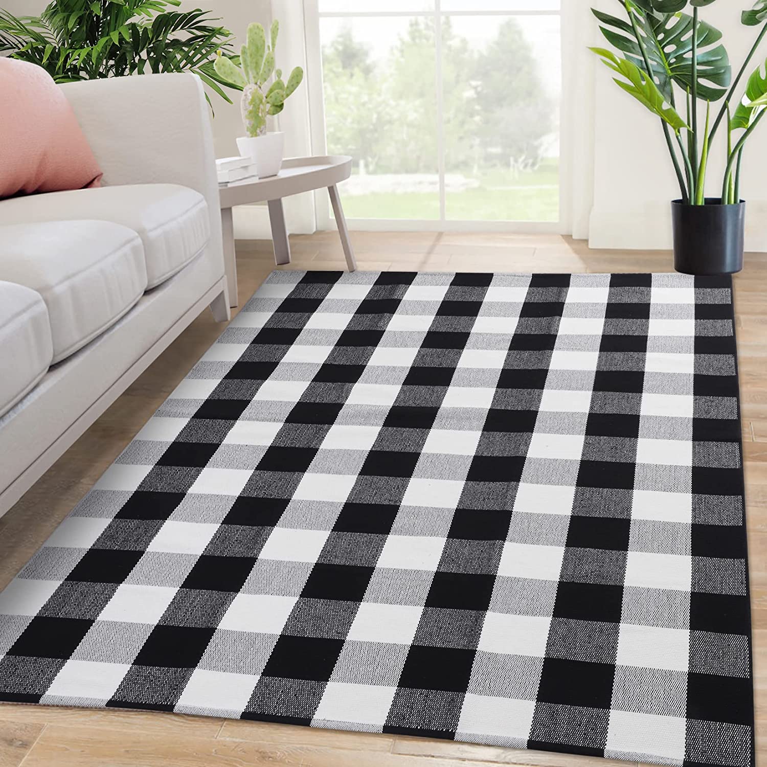 MURMUREY Cotton Buffalo Checkered Area Rug Indoor Outdoor Rug Black and ...