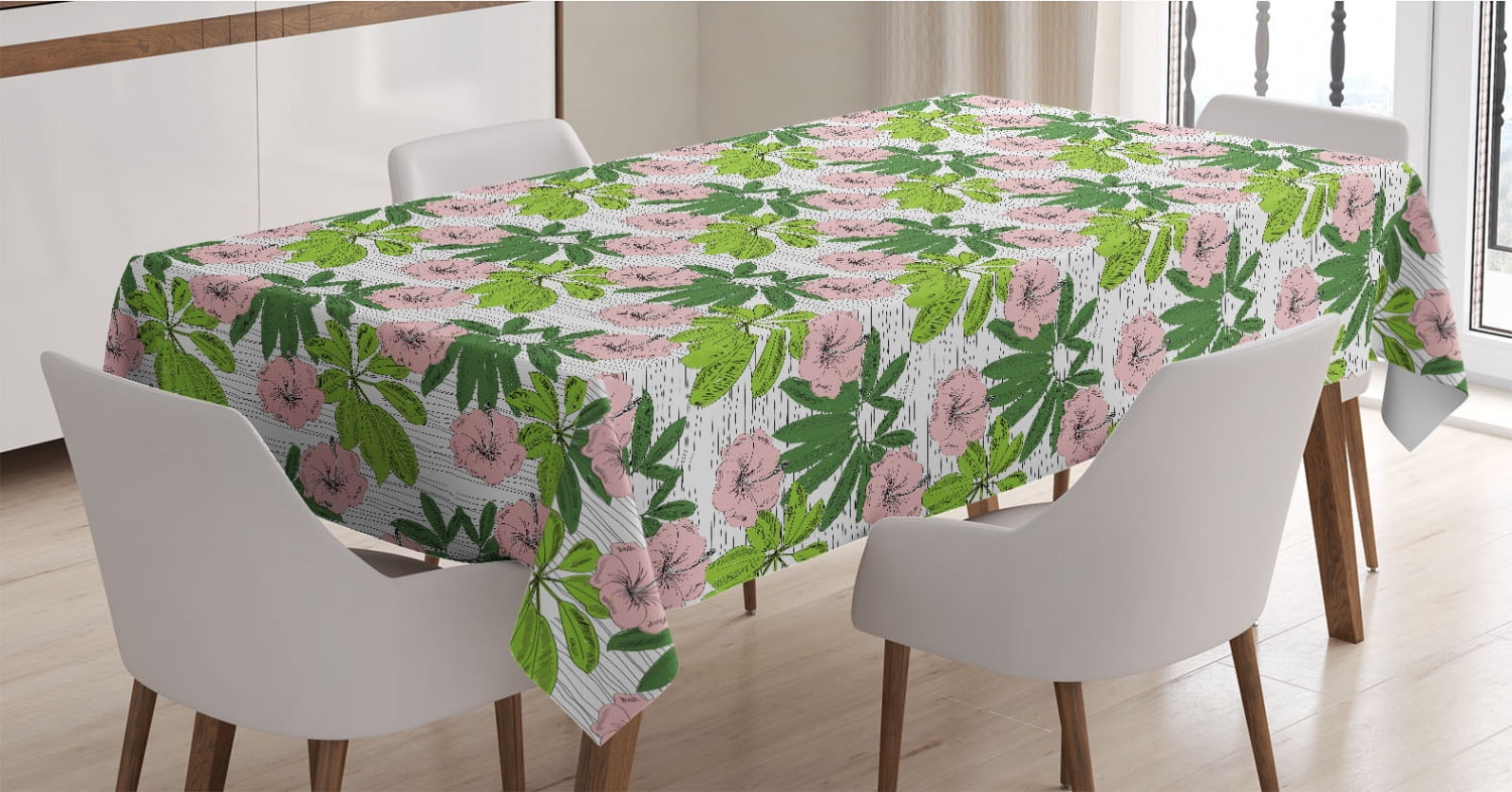 Tropical Tablecloth, Grunge Exotic Hibiscus Flowers Hand Drawn Nature ...
