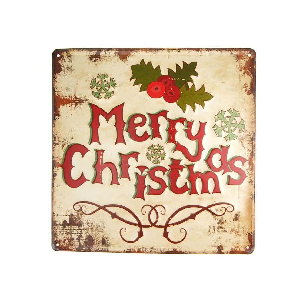 Vintage Style Metal Square "Merry Christmas" Sign with Mistletoe, Beige ...