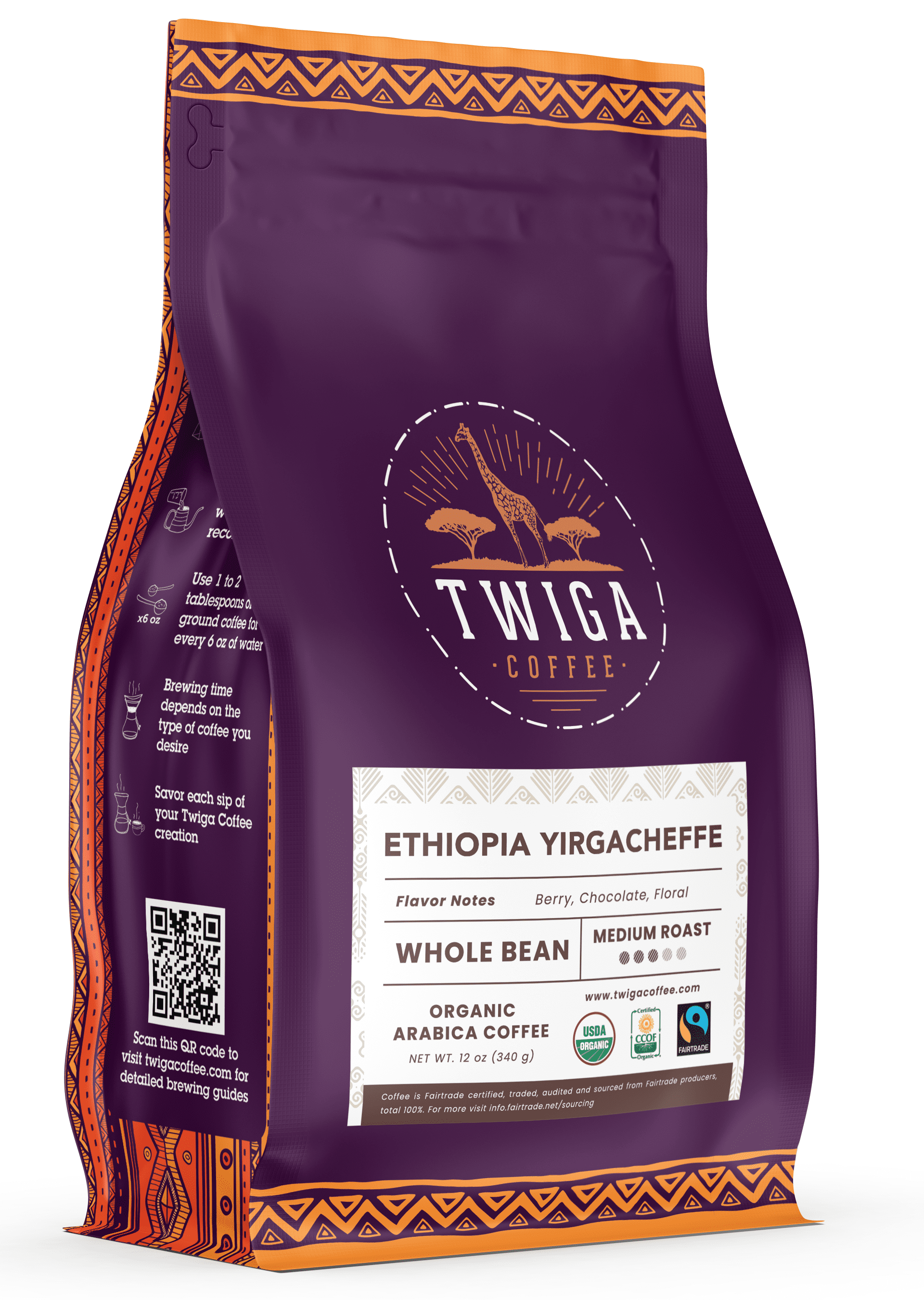 Ethiopia Yirgacheffe Coffee | USDA Organic | Fairtrade | Medium Roast | Whole Bean | 12 oz ...