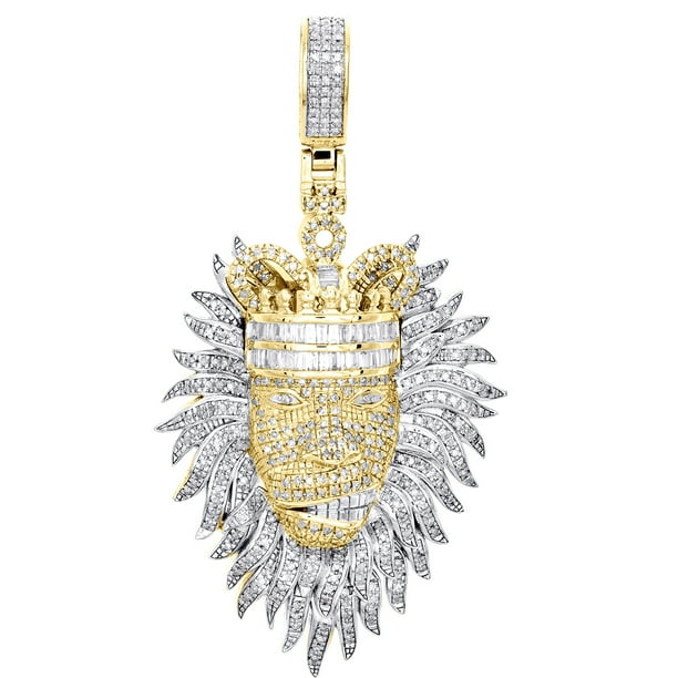 10K Yellow Gold Baguette Diamond Lion Face Grin Pendant Crown Charm 1. ...